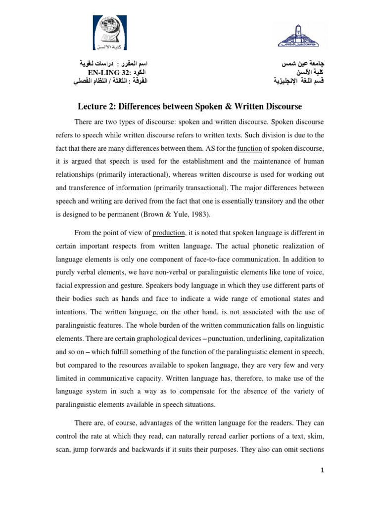 Lecture 2 - Difference Between Spoken and Written Discourse | PDF | Noun | Word