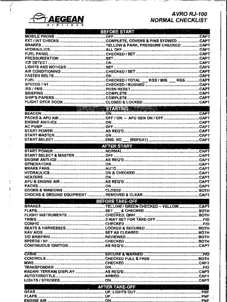 AVRO RJ-100 Checklist B-W | PDF