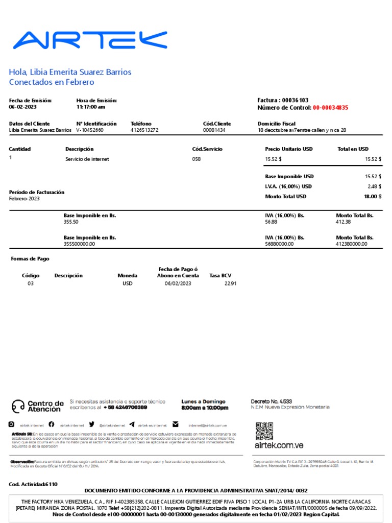 Factura de servicio de internet a nombre de Libia Emerita Suarez ...