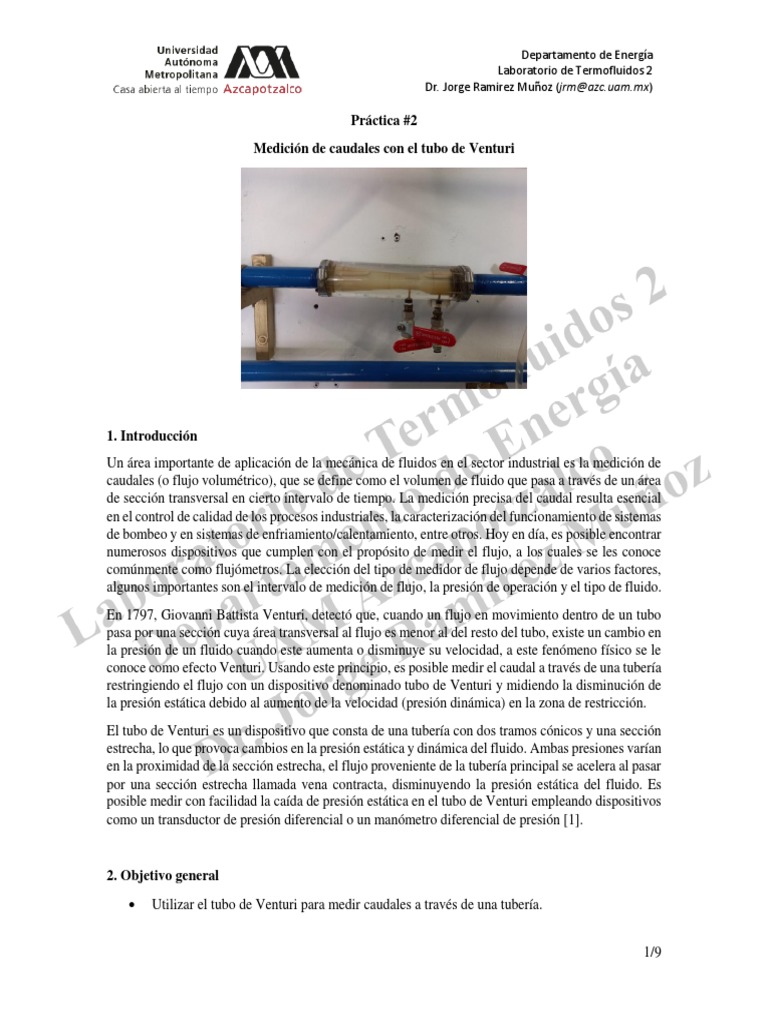 Práctica No 2 - Medición de Caudales Con Tubo de Venturi | PDF | Descarga (hidrología) | Presión