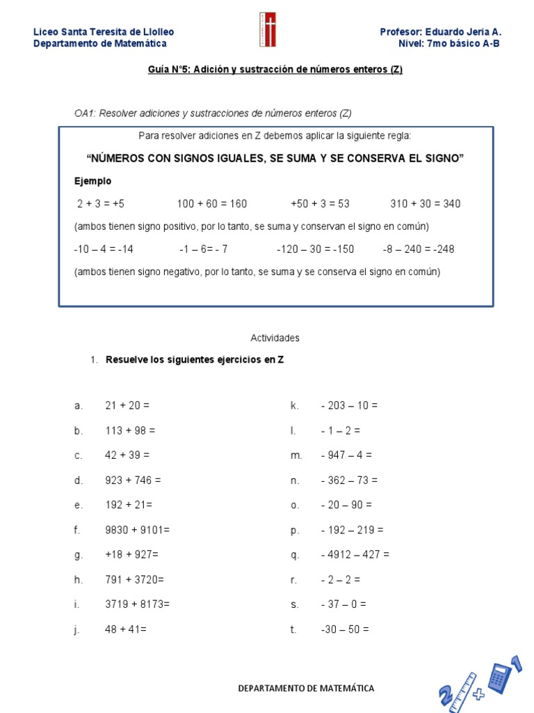 Guia5 Adicionysustracciónenteros 7B | PDF | Matemática Elemental | Notación