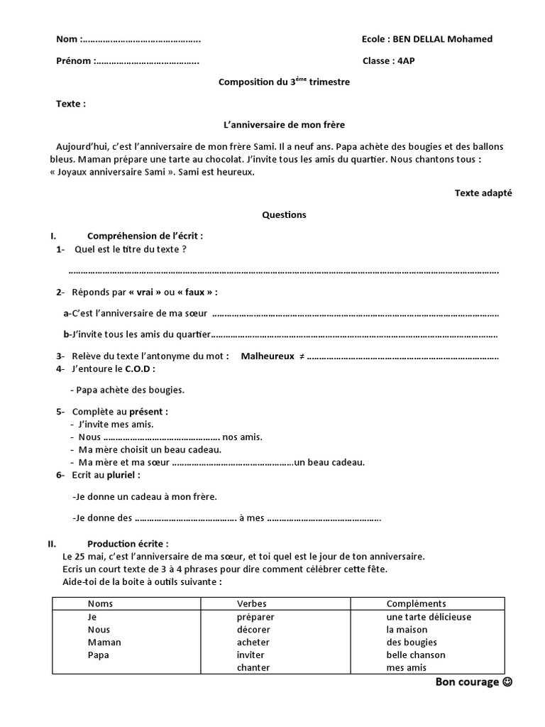 Sujet Anglais 4AP - 3ème Trimestre | PDF