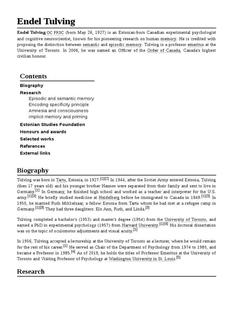 Endel Tulving | PDF | Cognitive Science | Brain