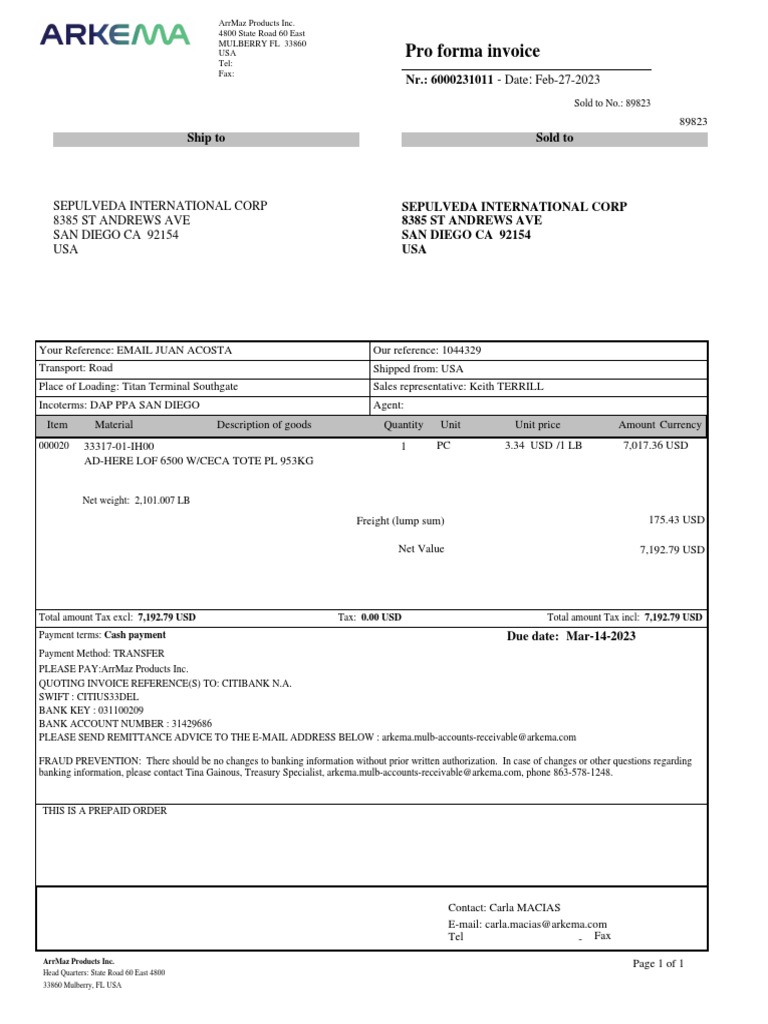 Sepulveda ProForma Order# 1044329 | Download Free PDF | Pro Forma | Trade