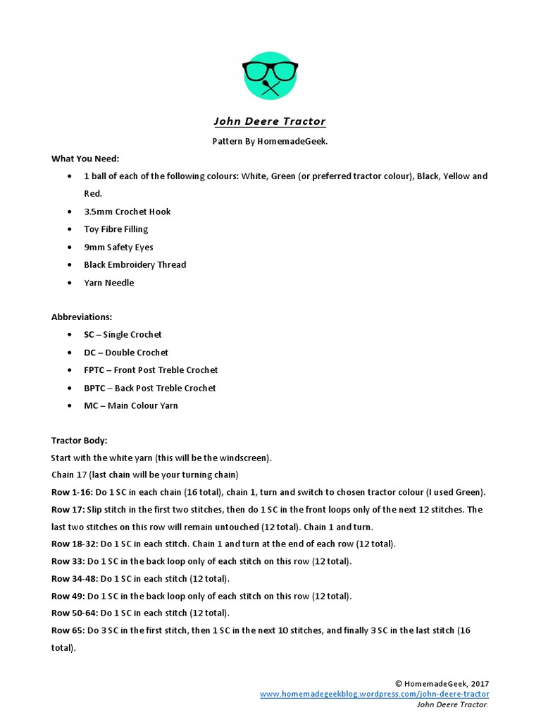 Tractor John Deere Pattern | Download Free PDF | Crochet | Crafts