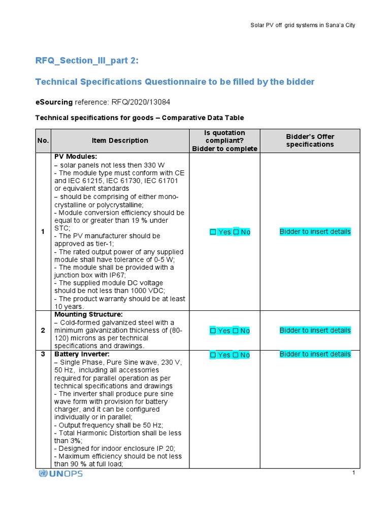 RFQ - Section - III - Technical Specifications Questionnaire - Part 2 | PDF | Power Inverter ...