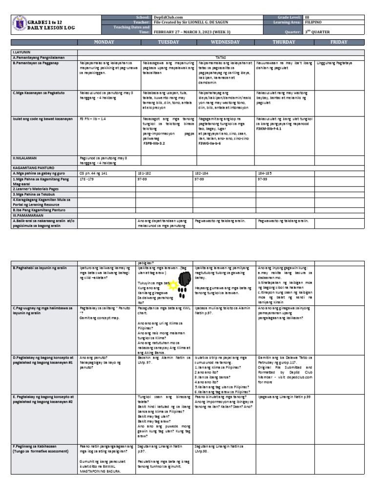 DLL - Filipino 3 - Q3 - W3 | PDF