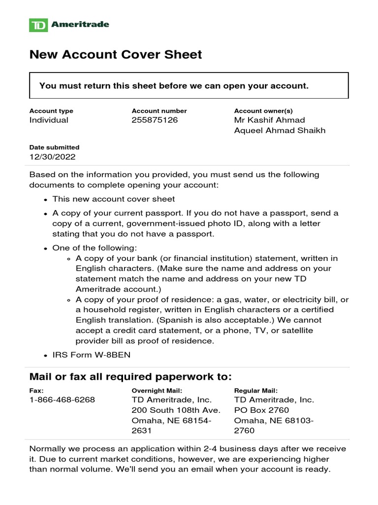 New Account Cover Sheet | PDF