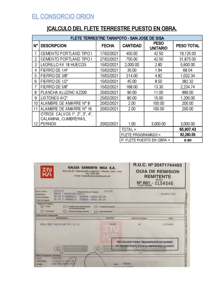 Cálculo Flete Terrestre Tarapoto-Sisa | PDF