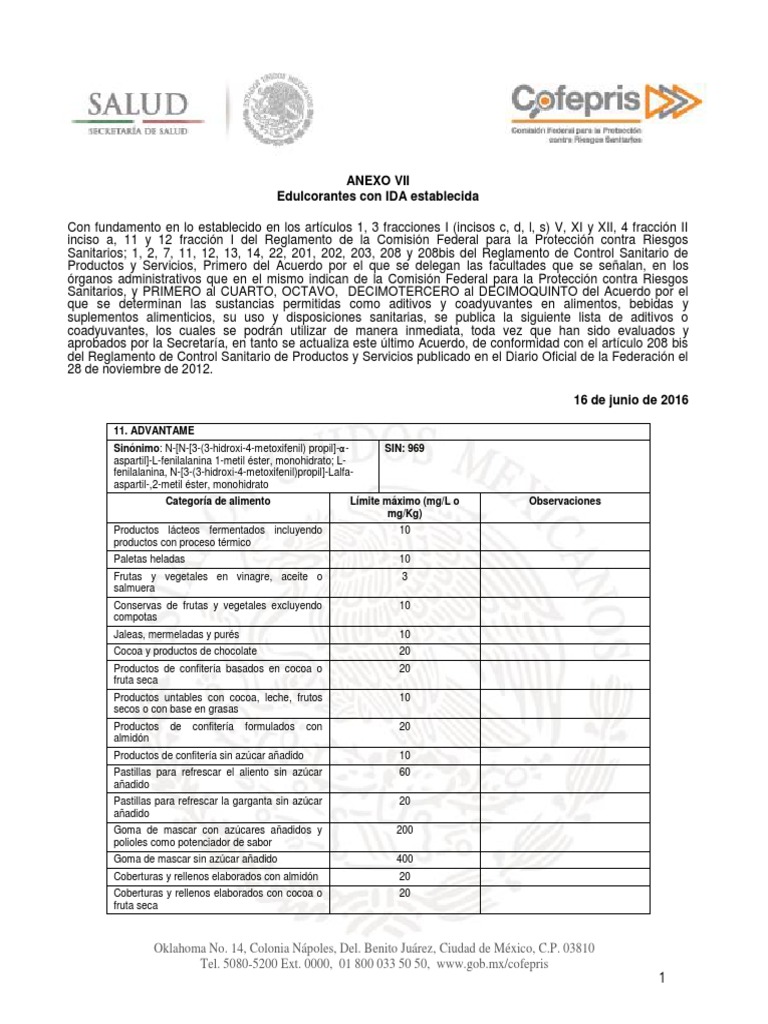 ANEXO - VII Edulcorantes Con IDA | PDF | Comida y bebida | Alimentos