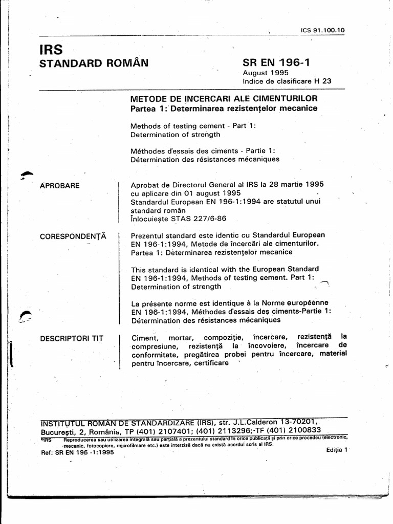 SR EN 196-1-95 - Metode de Incercari Ale Cimenturilor - Determinarea Rezistentelor Mecanice | PDF