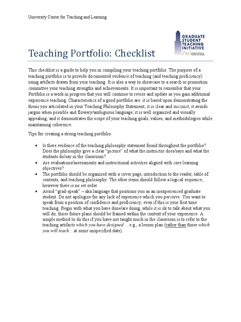 Teaching Portfolio Checklist Guide | PDF | Educational Assessment ...