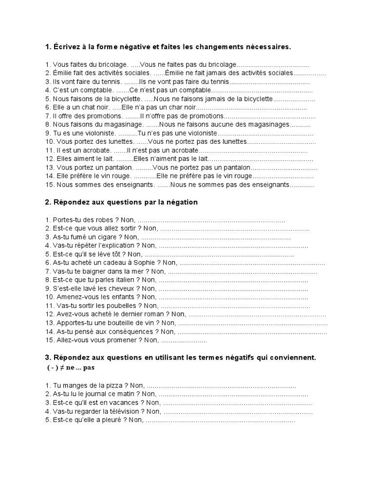 Négation en Français : Exercices et Réponses | PDF | Théorie des jeux ...