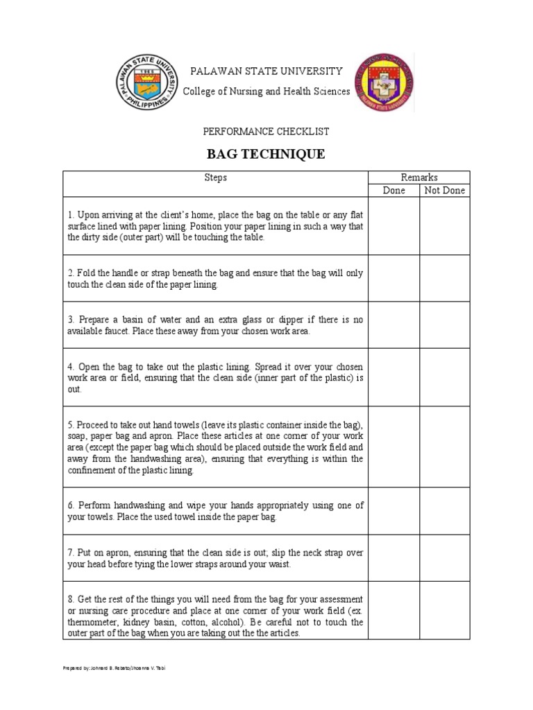 Checklist-Bag Technique | PDF | Hand Washing | Health Care