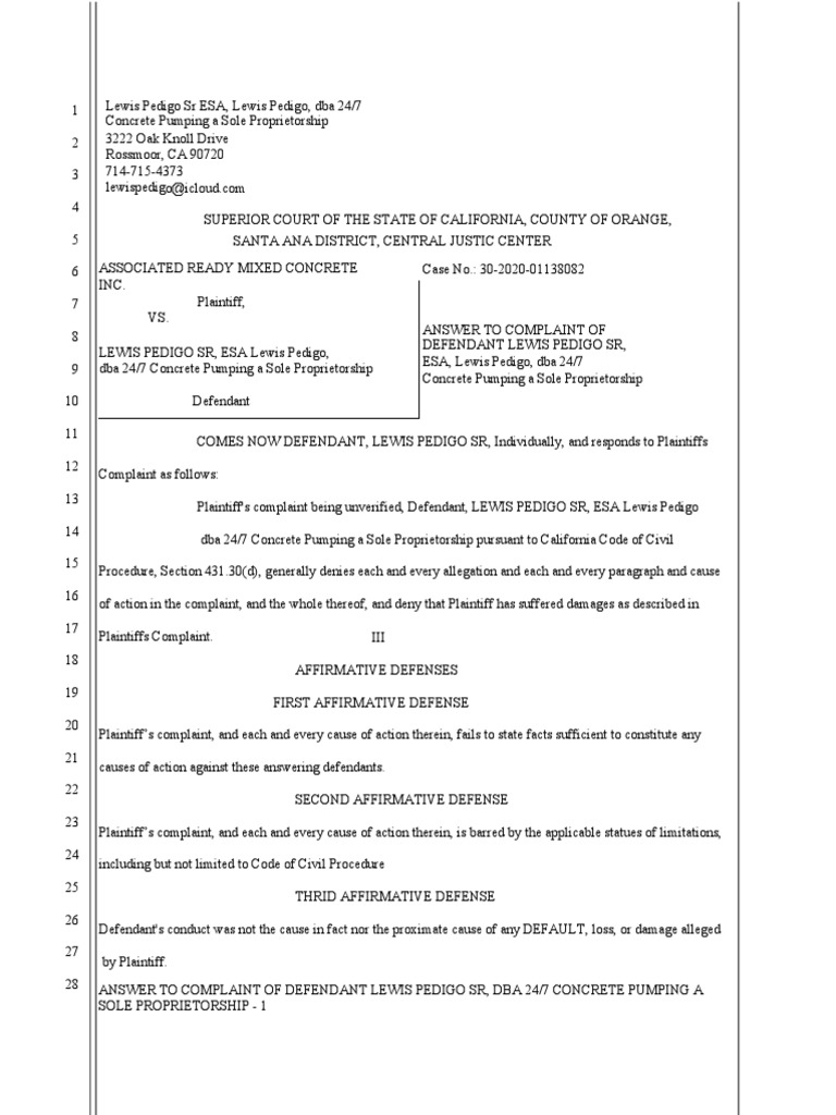 Answer To Complaint | Download Free PDF | Complaint | Cause Of Action
