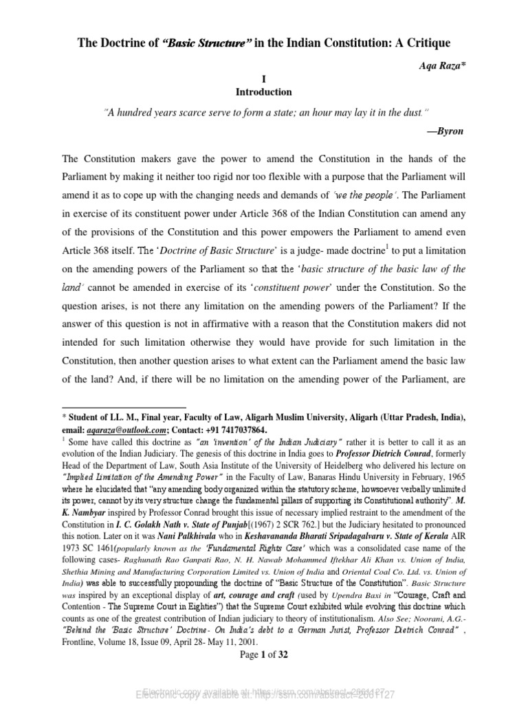 The Doctrine of "Basic Structure" in The Indian Constitution A Critique ...