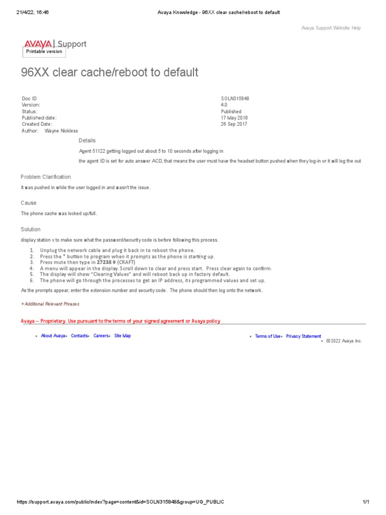 Avaya Knowledge - 96XX Clear Cache - Reboot To Default | PDF ...