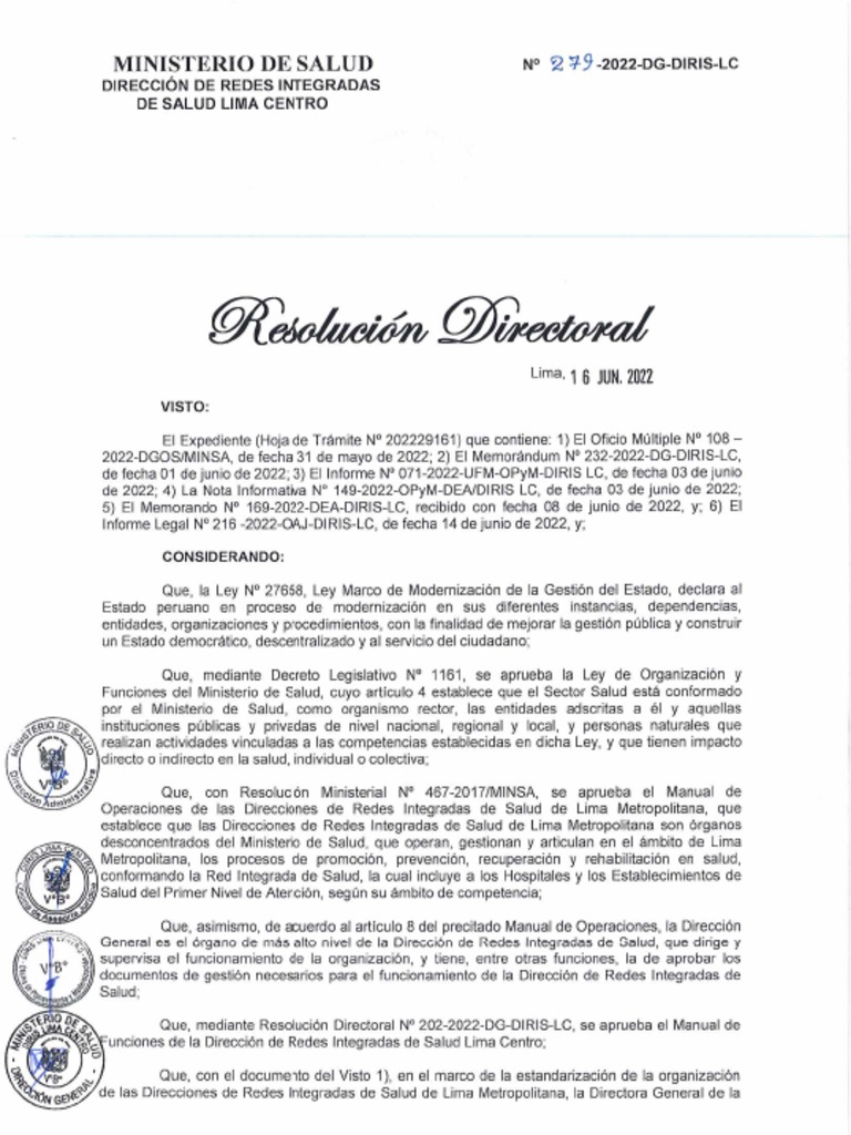 Resolucion Directoral Nº279-2022-Dg-diris-lc-Aprobar El Manual de Funciones Diris LC | PDF