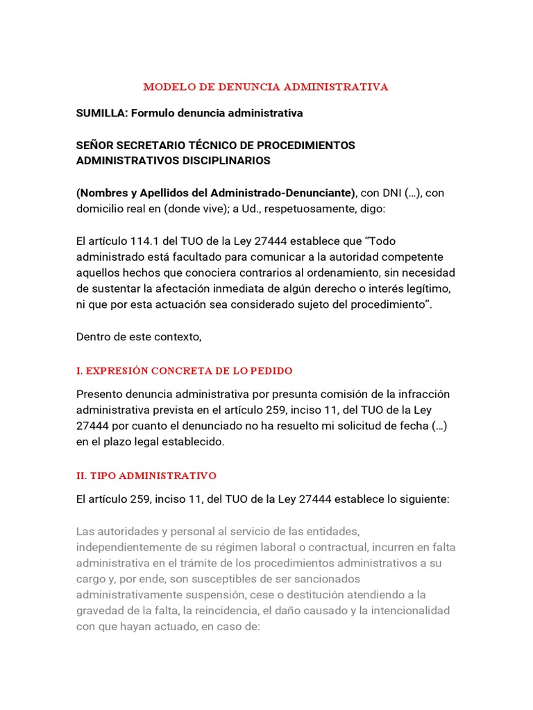 Modelo de Denuncia Administrativa | PDF | Justicia | Crimen y violencia