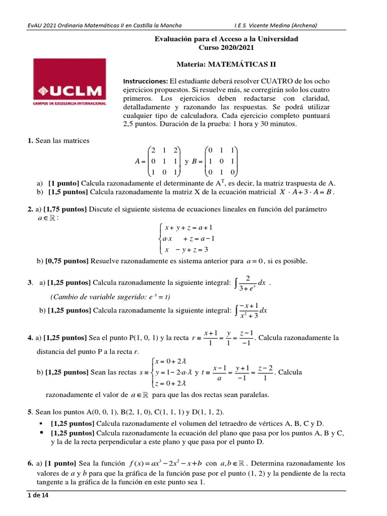 Resolución de ejercicios de álgebra lineal y cálculo en la EvAU de Matemáticas II | PDF | Matriz ...