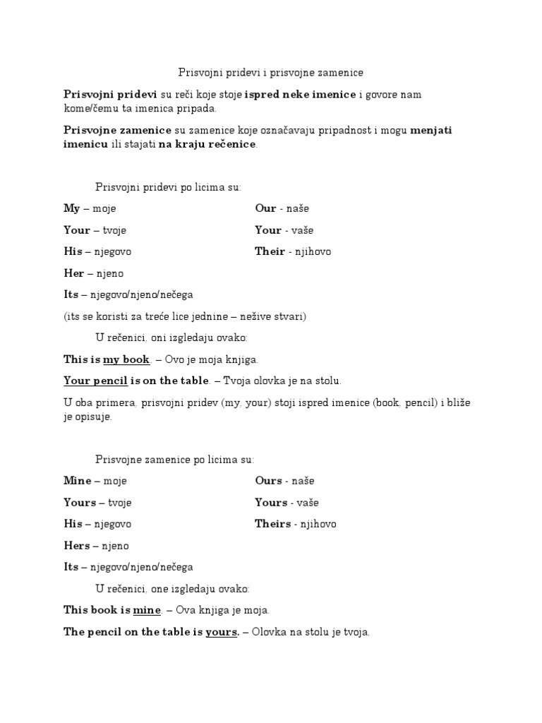 Prisvojni Pridevi I Prisvojne Zamenice | PDF