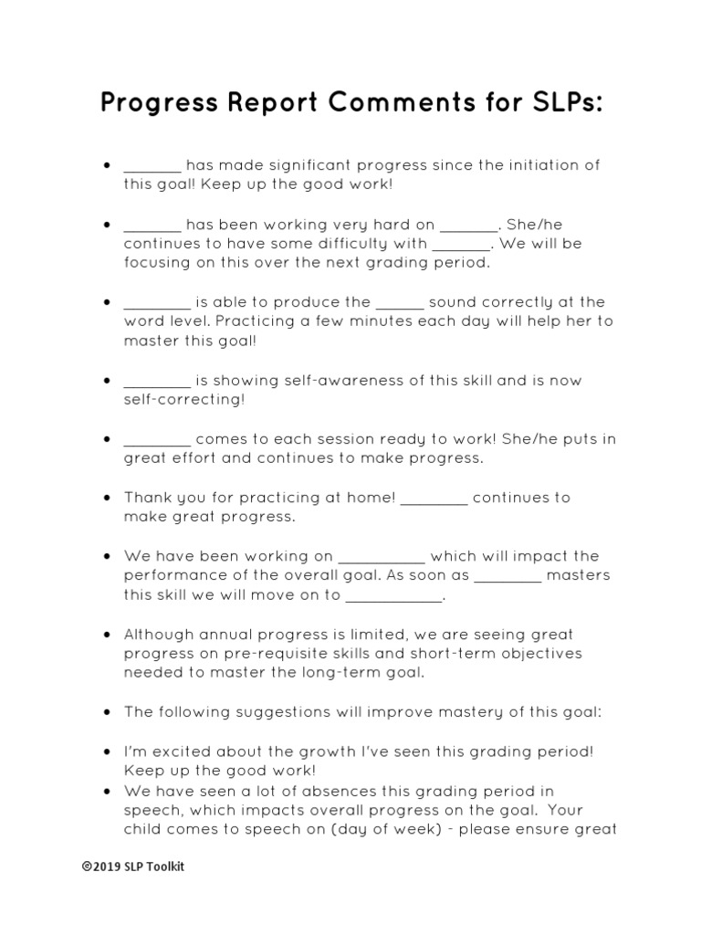Progress Report Comments For SLPs | PDF | Business