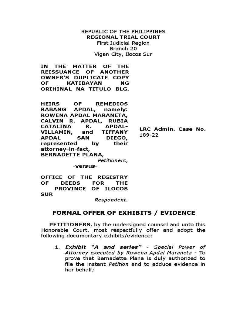 Formal Offer of Exhibits in Court Case | PDF | Political Law | Legal ...