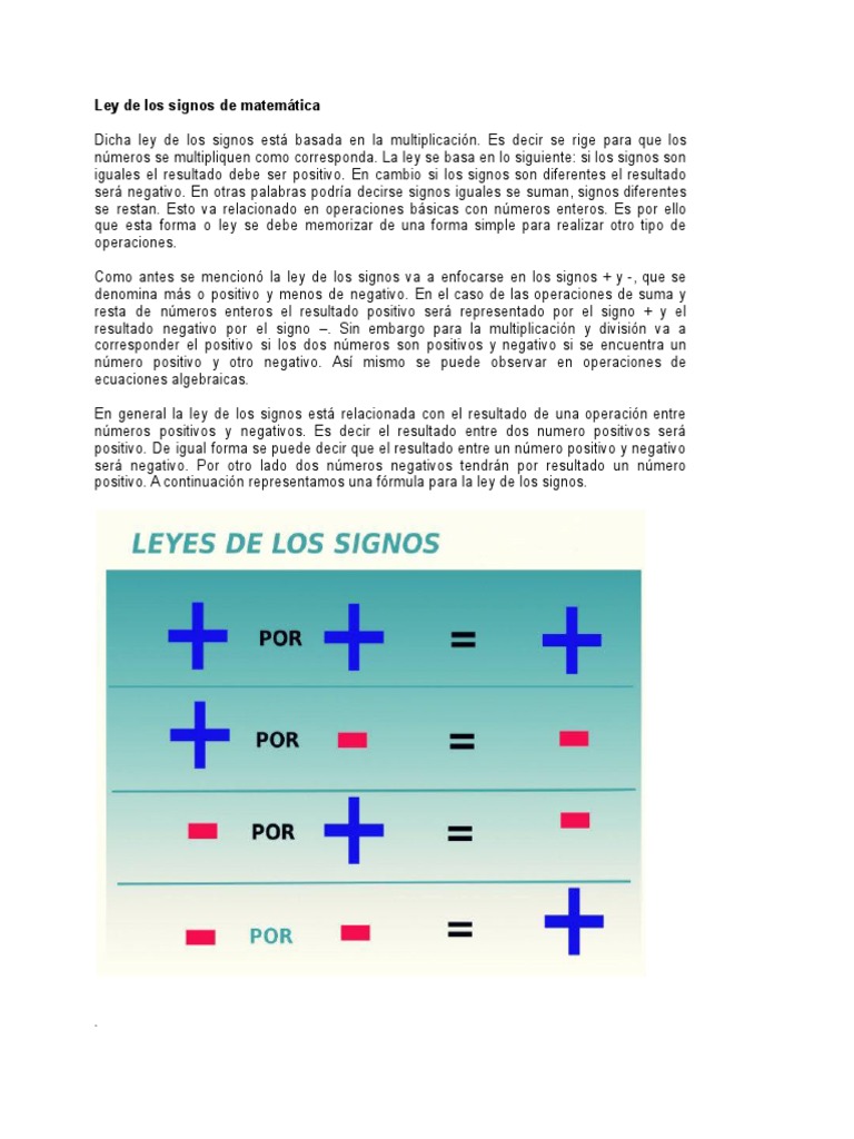 Ley de Los Signos | Descargar gratis PDF | Números | Multiplicación