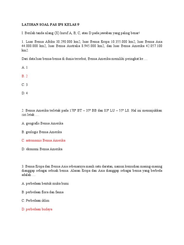 Soal PAS IPS Kelas 9 tentang Benua | PDF