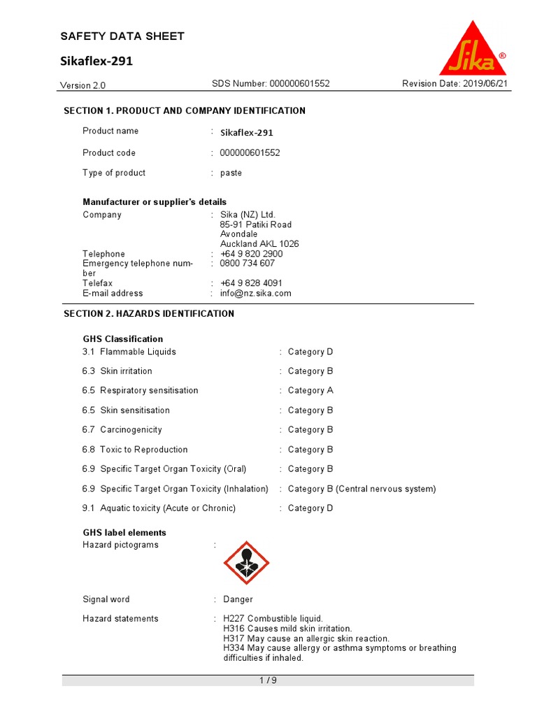Sikaflex 291 - MSDS | PDF | Toxicity | Safety