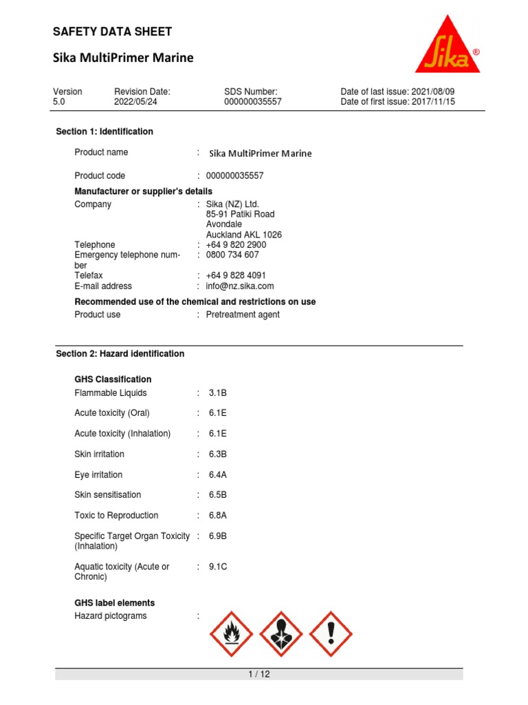 Sika MultiPrimer Marine SDS | PDF | Dangerous Goods | Toxicity