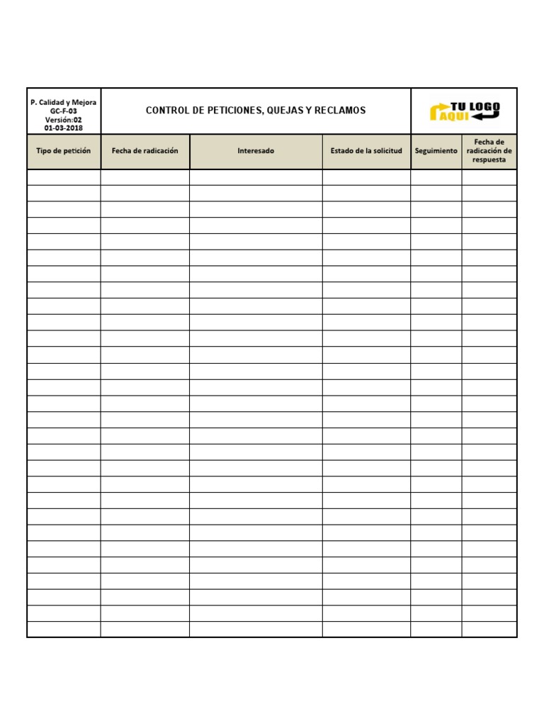 GC-F-03. CONTROL DE PETICIONES, QUEJAS Y RECLAMOS | PDF