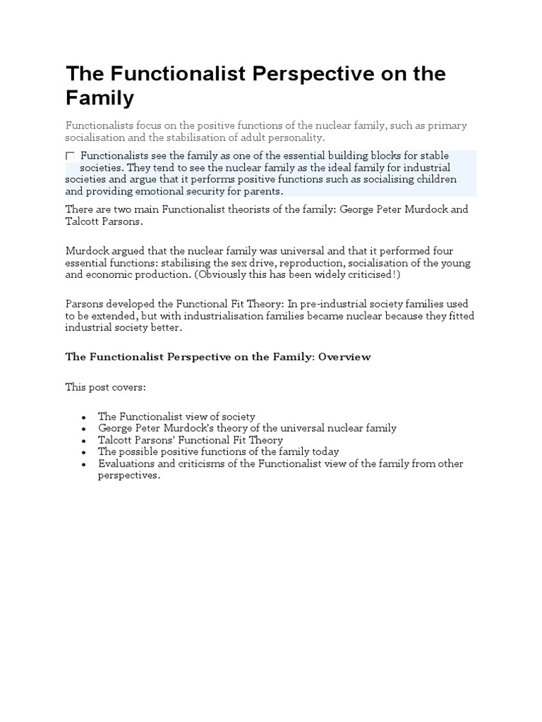 The Functionalist Perspective On The Family and Fit Family Thesis | PDF | Family | Socialization