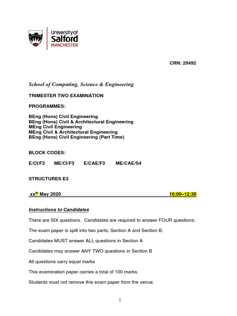 Civil Engineering Exam Structure E3 Guide | PDF | Bending | Civil ...