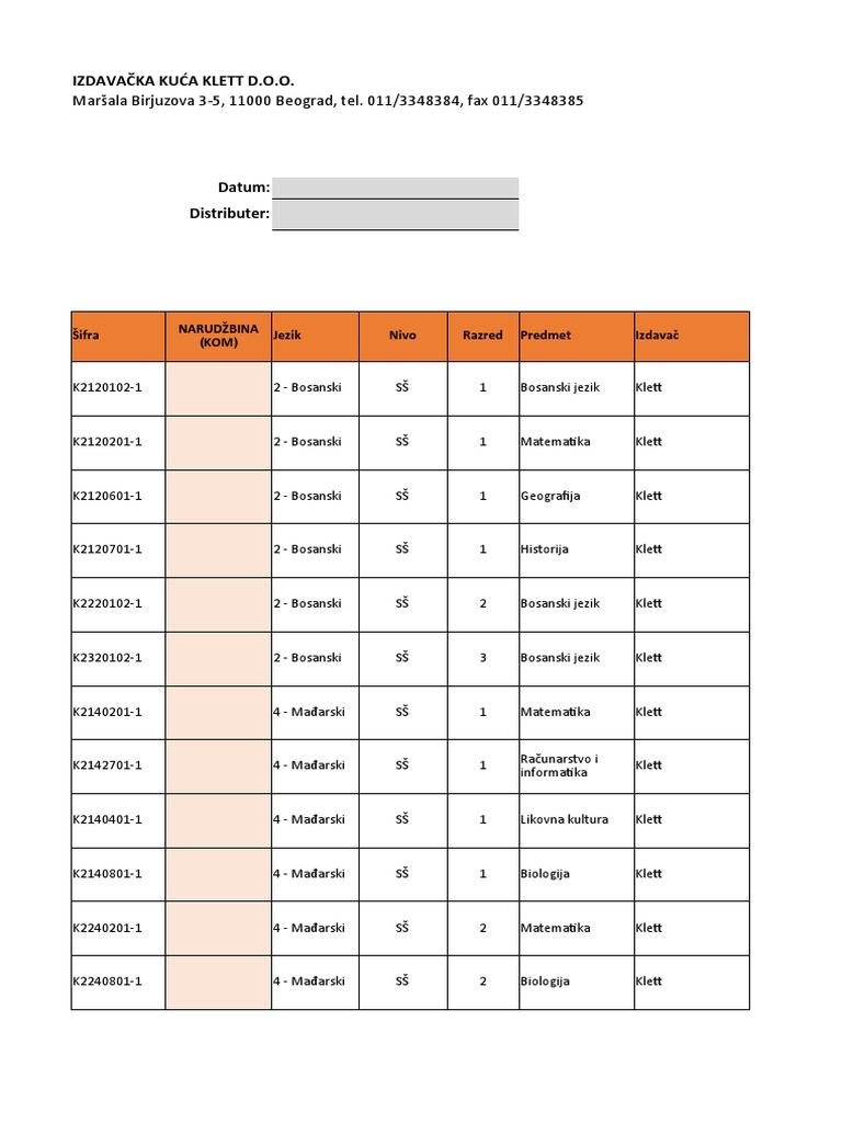 KLF Srednja Skola Narudzbenica Nacionalne Manjine 2021-22 | PDF