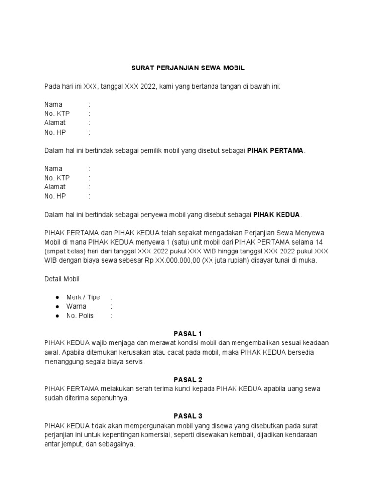 Contoh Surat Perjanjian Sewa Mobil Perorangan | PDF
