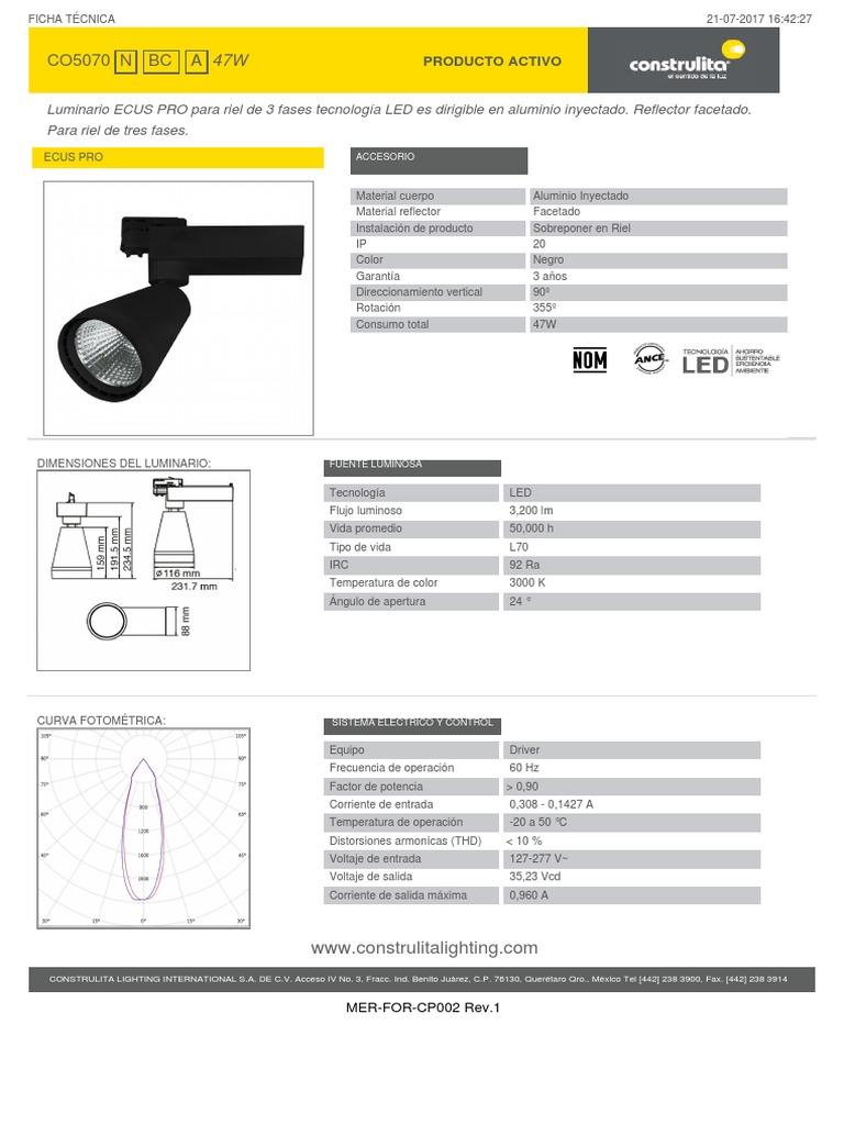 Ficha técnica de un luminario LED dirigible para riel de tres fases | PDF | Electromagnetismo ...