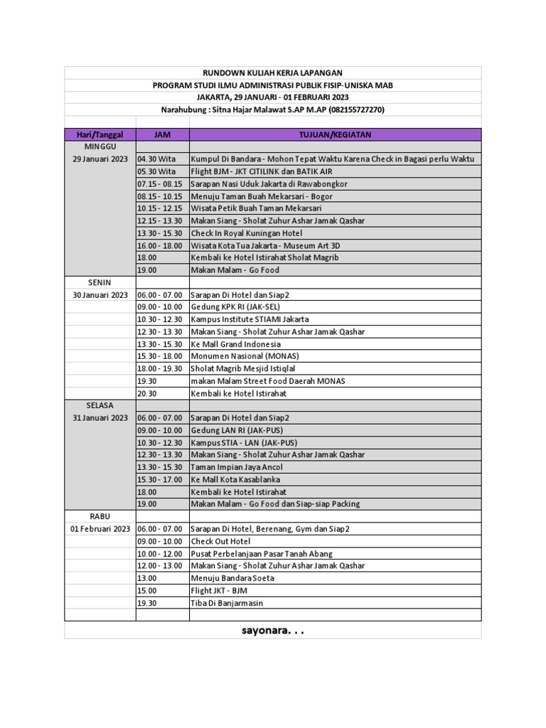 RUNDOWN Kuliah Kerja Lapangan | PDF