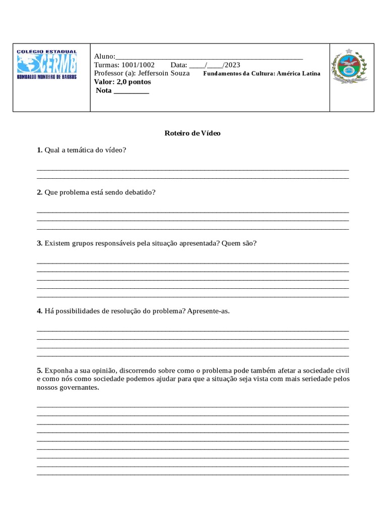 Atividades para Roteiro de Filmes. | PDF