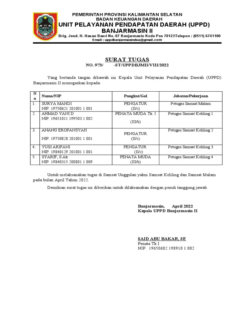 Surat Tugas Petugas Samsat Banjarmasin II | PDF