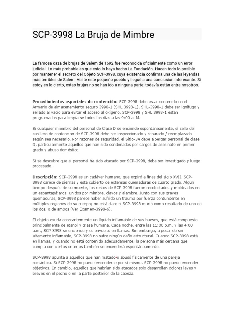 SCP-3998 La Bruja de Mimbre | PDF | Quemar | Etanol