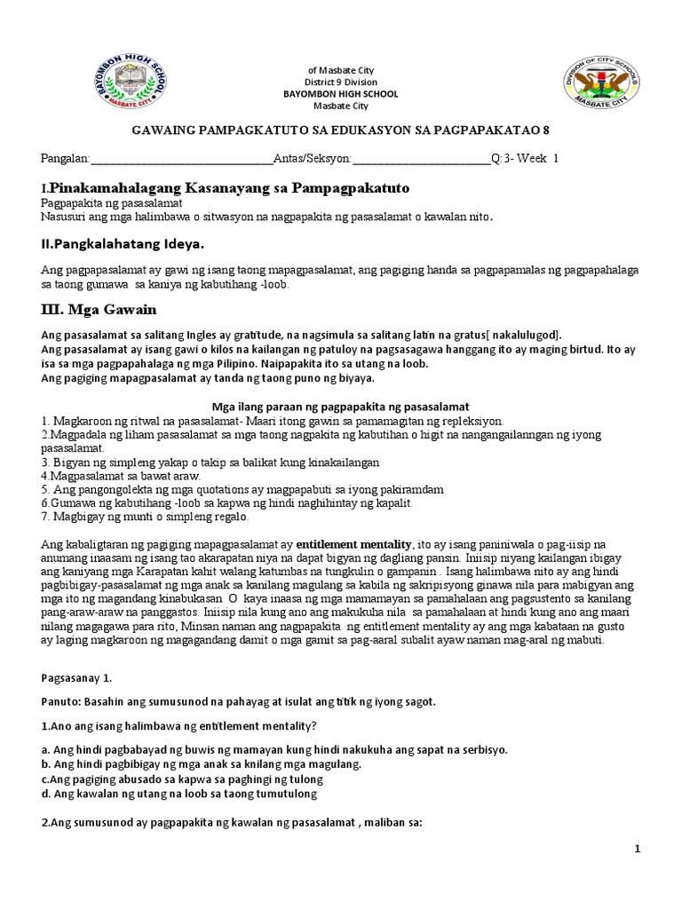 LEARNING ACTIVITY SHEETS in Esp 8 q3 WK 1 | PDF