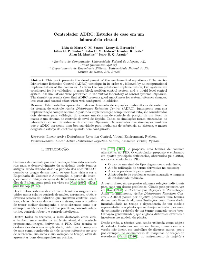 Controlador ADRC Estudos de Caso em Um Laborat Rio Virtual | PDF | Cálculo | Massa