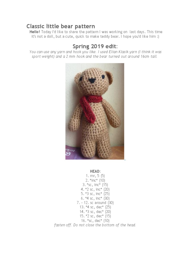 Classic Little Bear Pattern | Download Free PDF | Textiles | Textile Arts