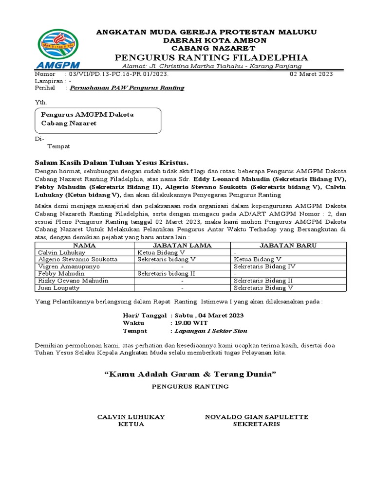 Surat PAW Ranting Filadephia | PDF