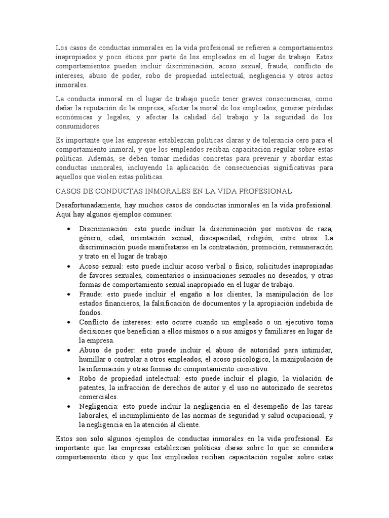 Casos de Conductas Inmorales en La Vida Profesional | PDF ...