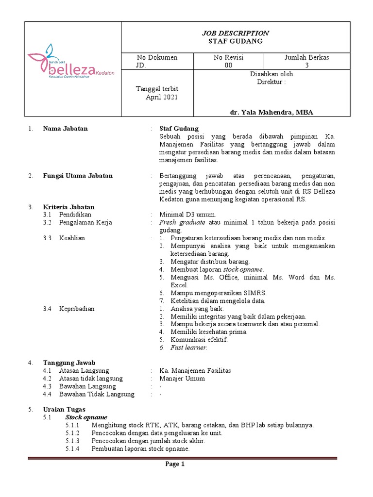 Deskripsi Pekerjaan Staf Gudang RS | PDF