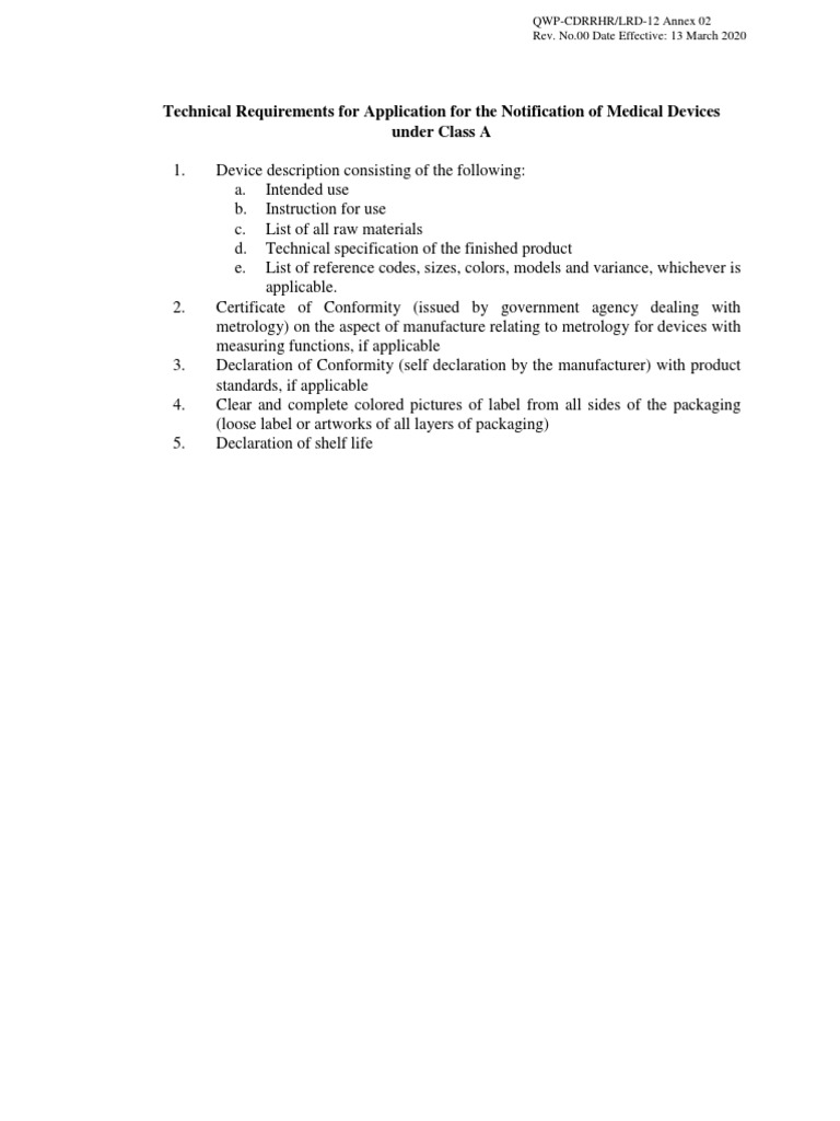 Technical Requirements for Class A Medical Device Notification ...