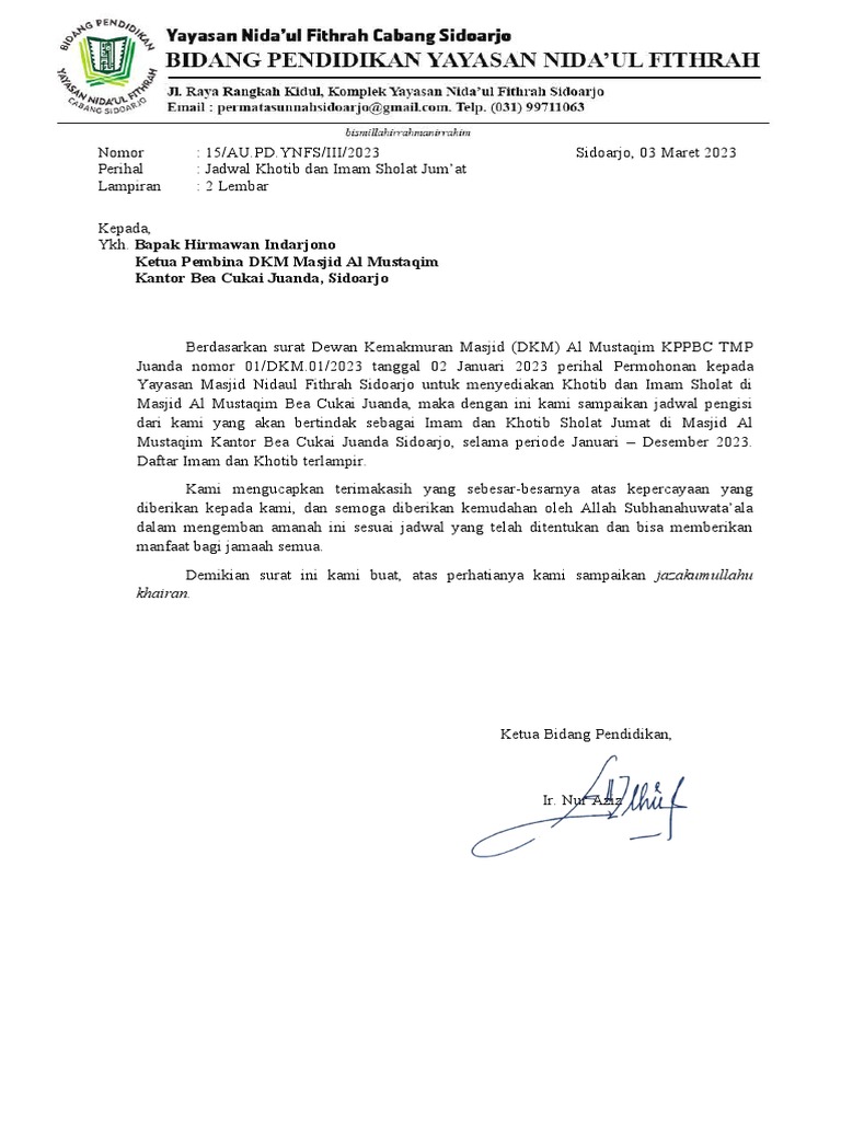 Jadwal Pengisi Imam Dan Khotib Sholat Jum'at Masjid Al Mustaqim Bea ...
