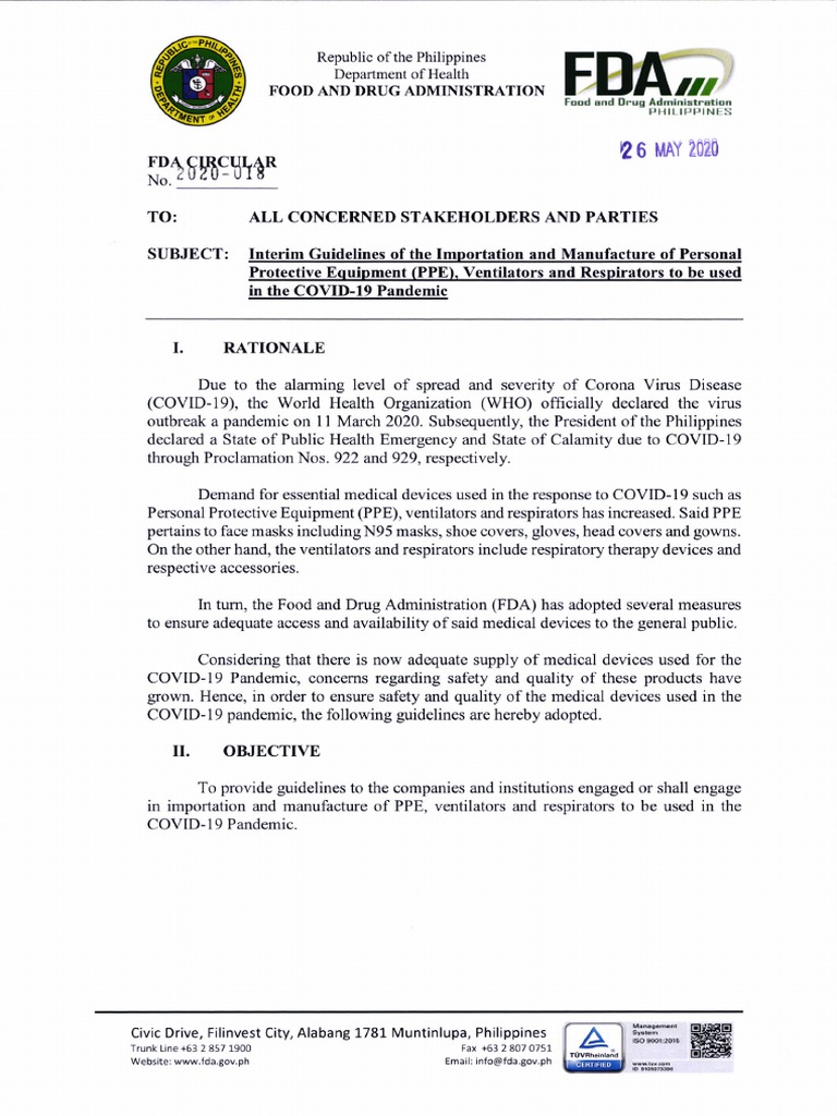 FDA Circular No. 2020 018 | PDF